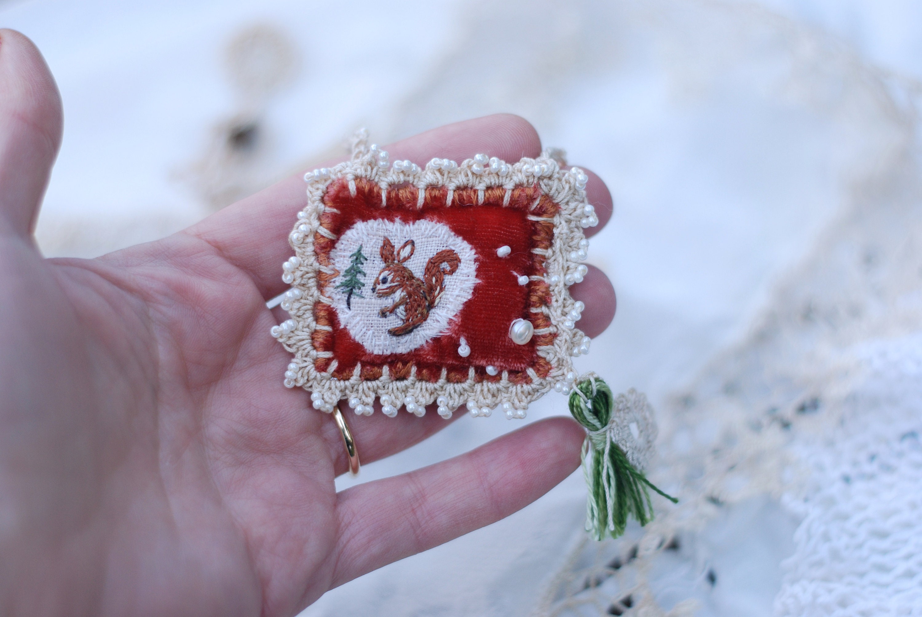 Hand Crochet Embroidered Silk Necklace, Squirrel Ooak Boho Amulet ...