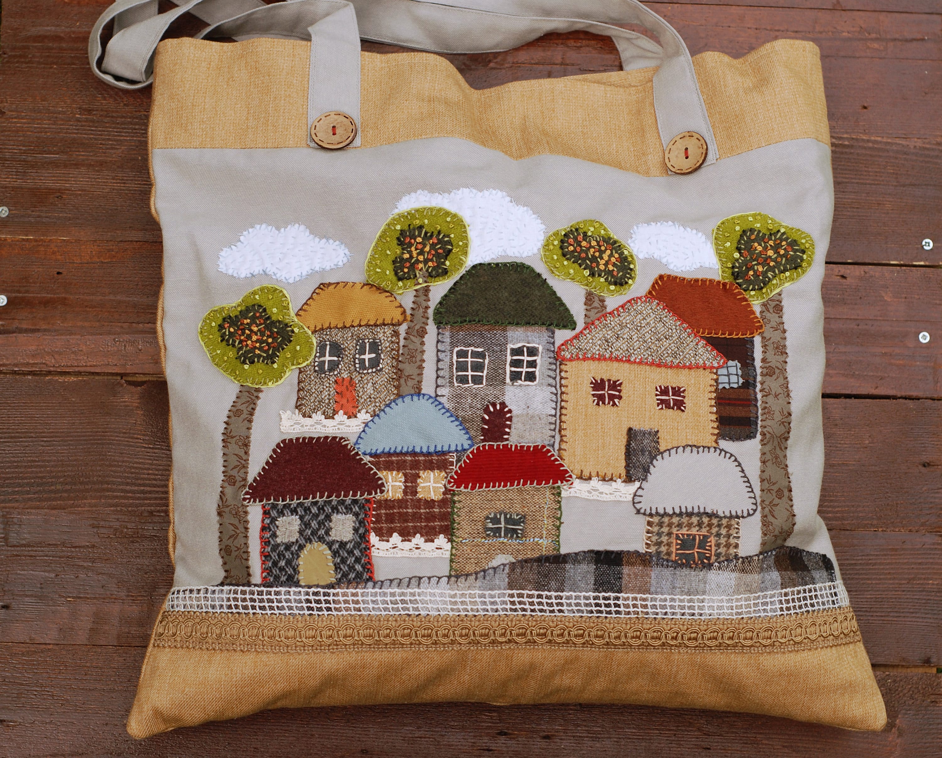 Patchwork XL Size Tote Bag, Home and Tree Embroidered Shoulder Purse ...