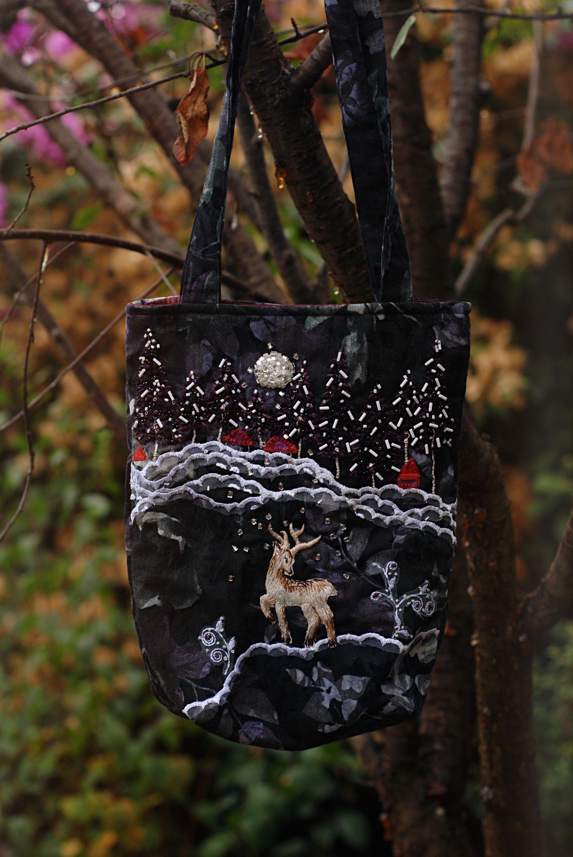 Deer Embroidered Fairy Tale Bag, Boho Beaded Purse, Winter Landscape ...