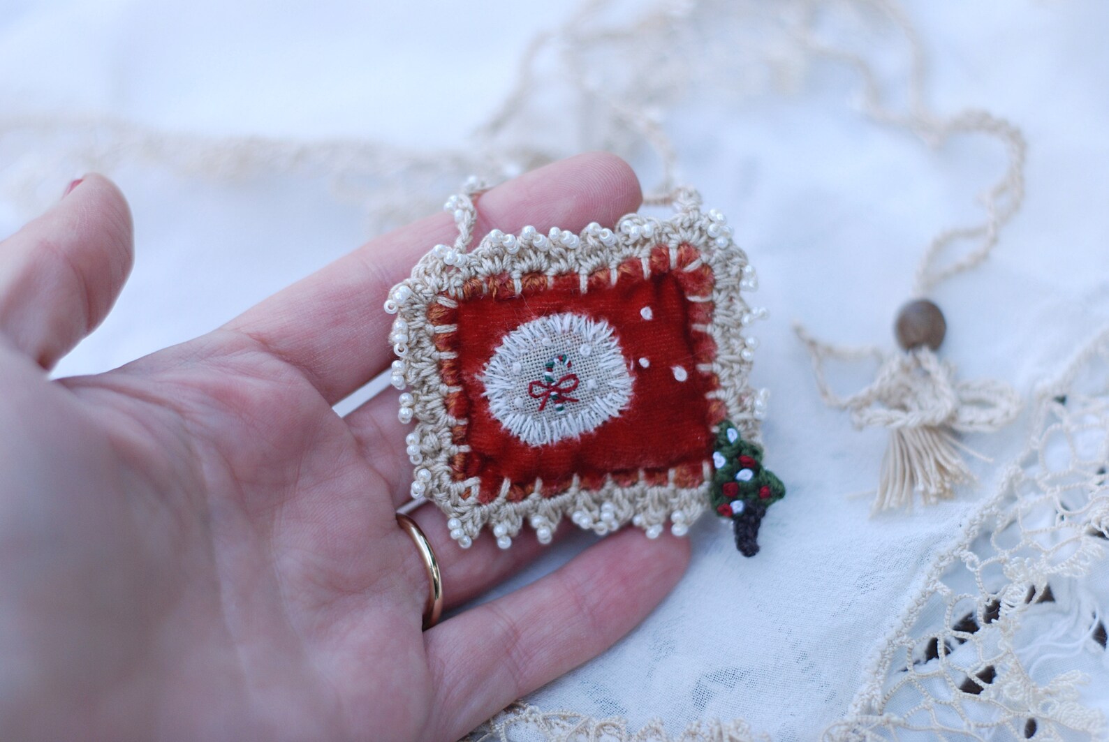 Hand Crochet Embroidered Silk Necklace, Squirrel Ooak Boho Amulet ...