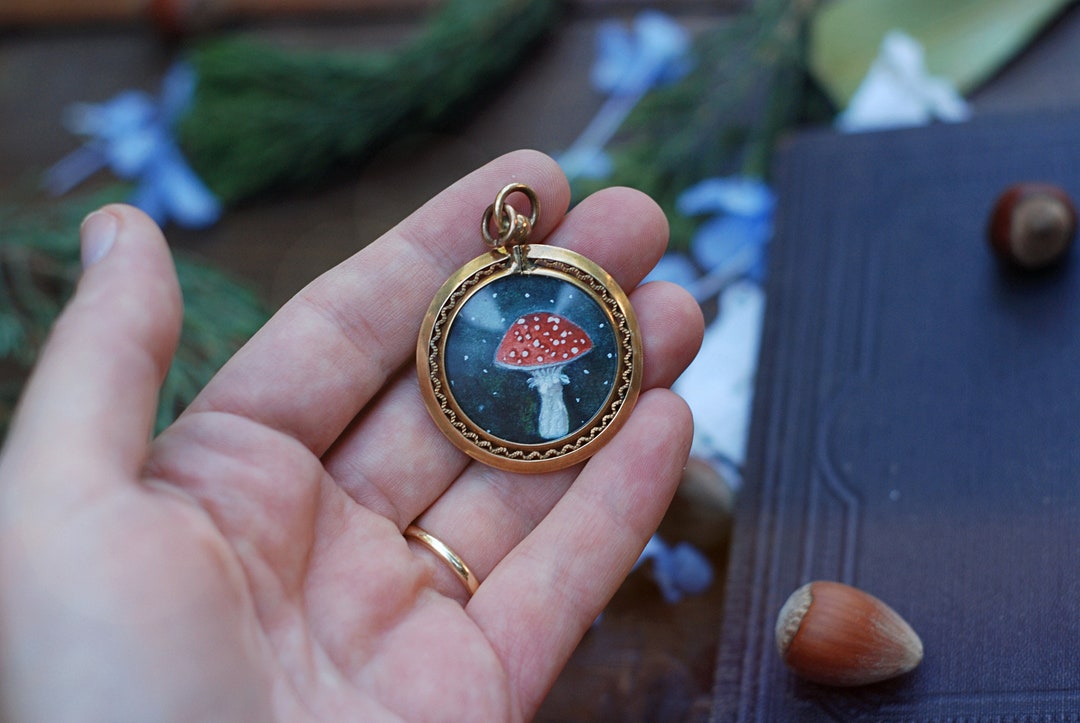Antique Hand Painted Locket, Edwardian Pendant, Mushroom and Mouse ...