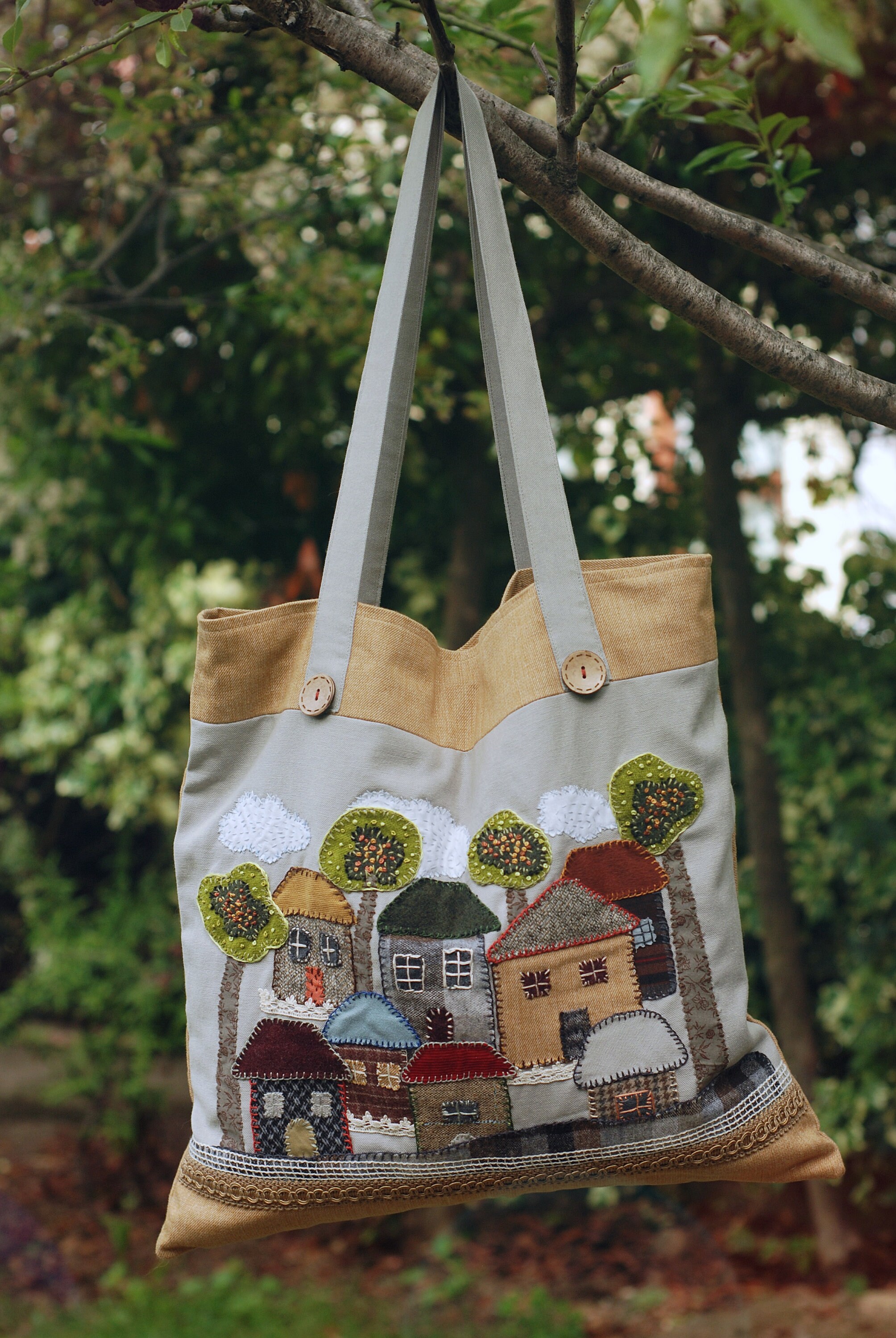Patchwork XL Size Tote Bag, Home and Tree Embroidered Shoulder Purse ...