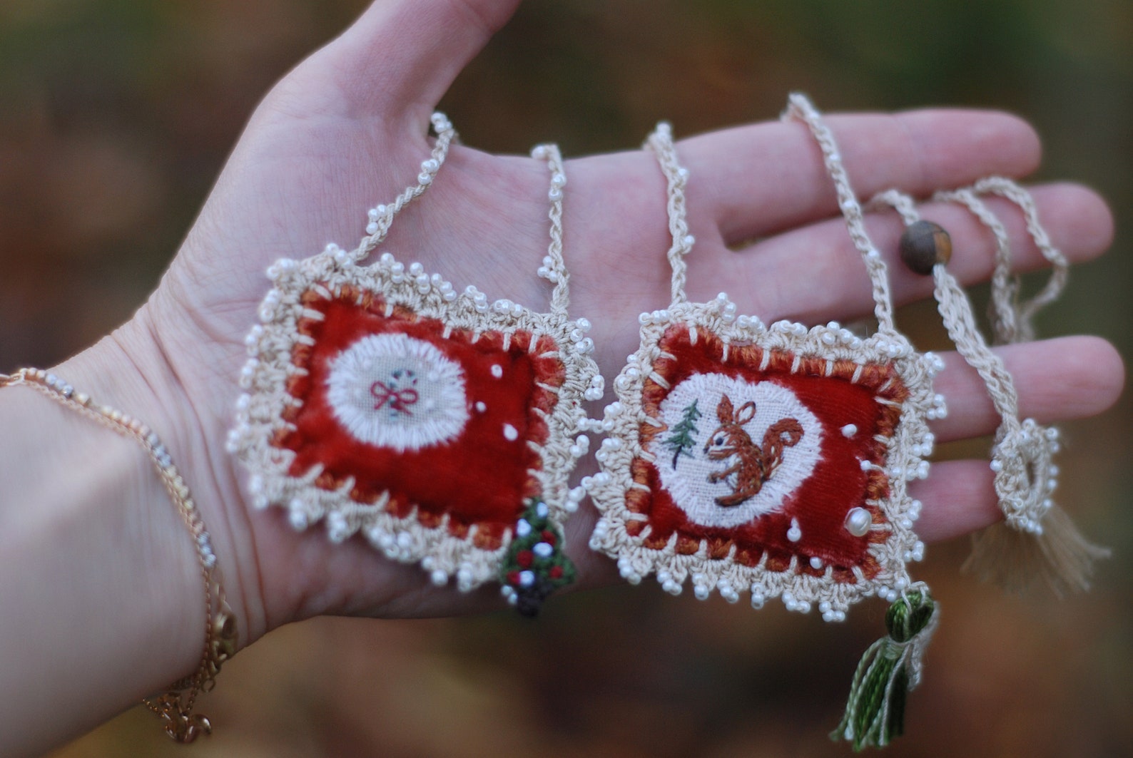 Hand Crochet Embroidered Silk Necklace, Squirrel Ooak Boho Amulet ...