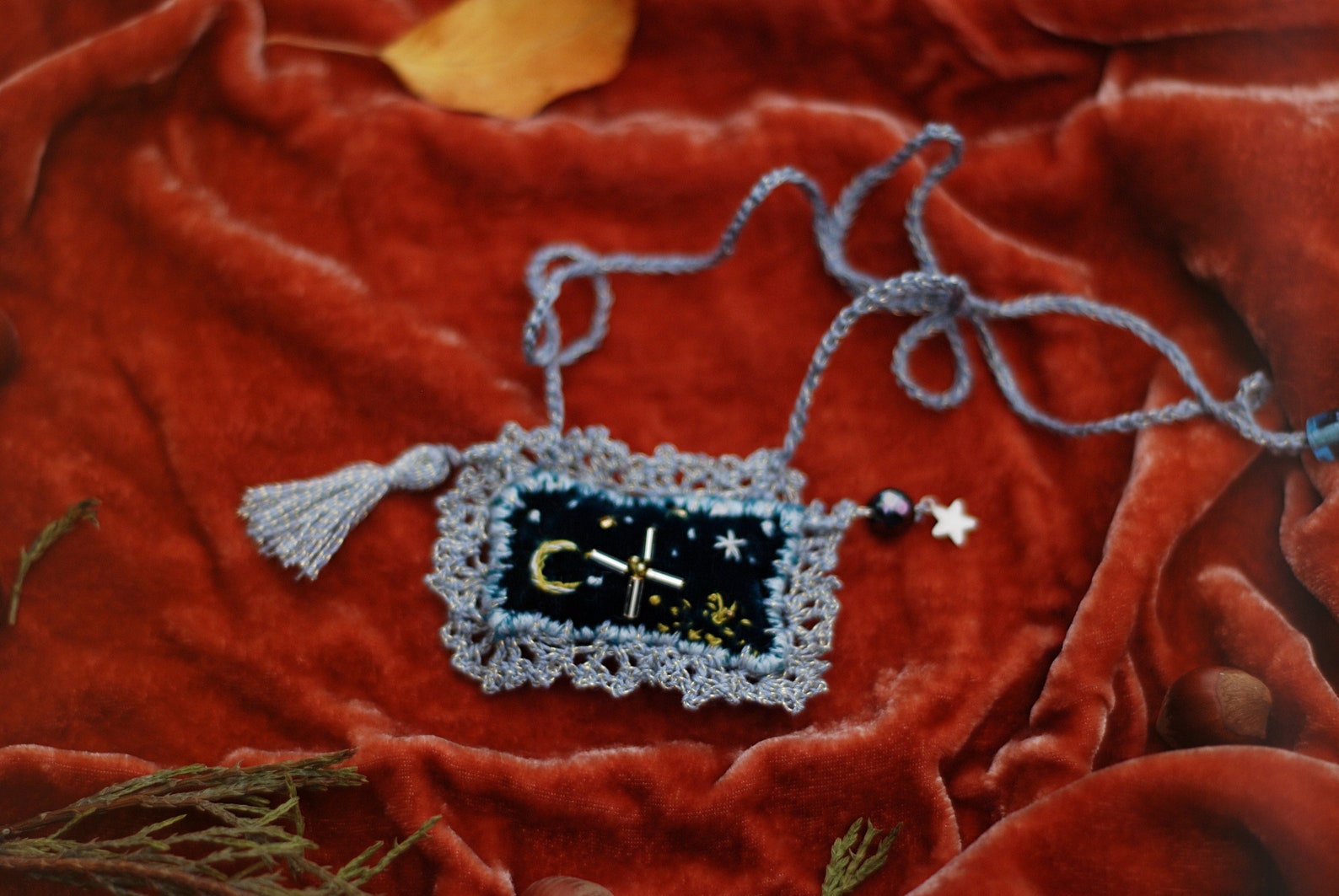 Hand Crochet Embroidered Silk Necklace, Squirrel Ooak Boho Amulet ...