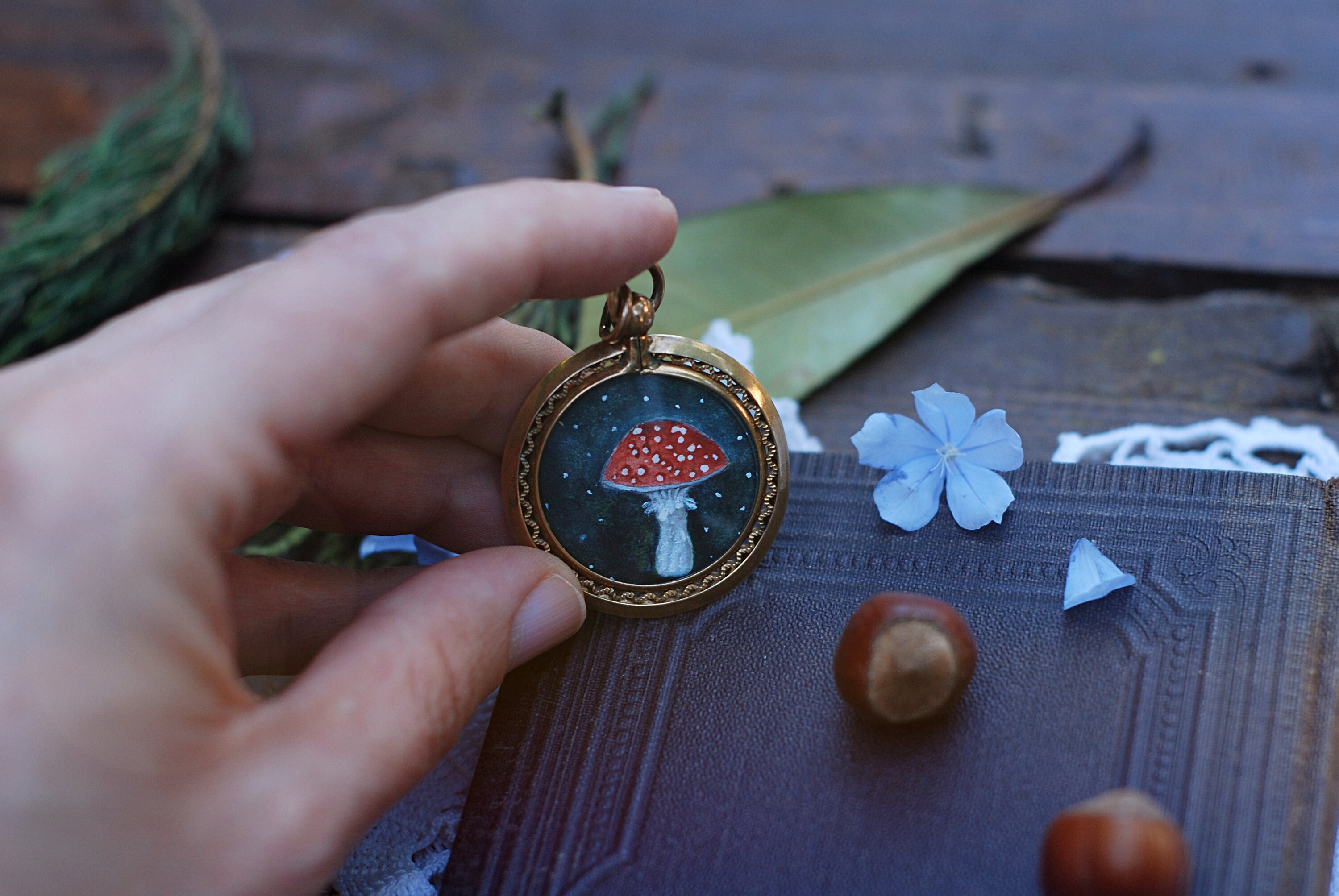 Antique Hand Painted Locket, Edwardian Pendant, Mushroom and Mouse ...