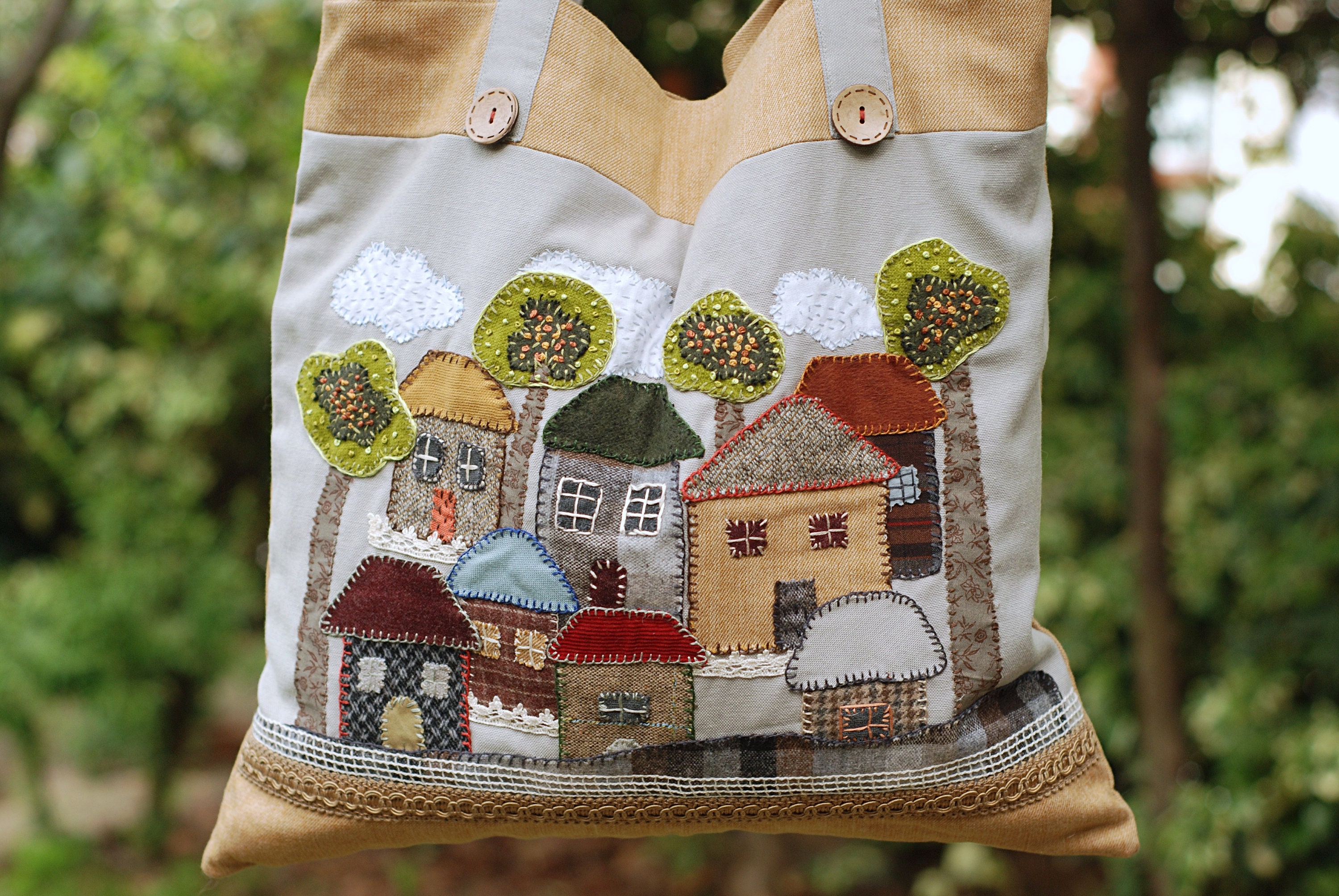 Patchwork XL Size Tote Bag, Home and Tree Embroidered Shoulder Purse ...