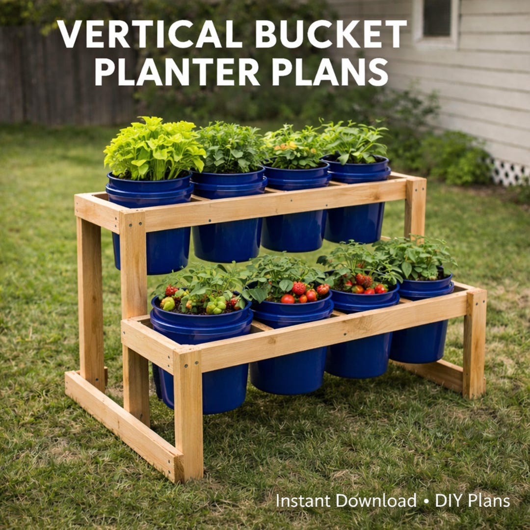 2-tier Bucket Planter Stand Plans DIY Vertical Garden Rack 8x 5-gallon ...