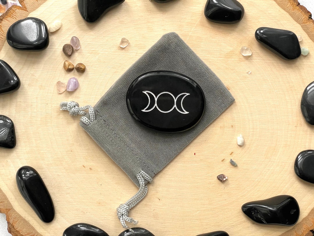 Triple Moon, Triple Goddess: Black Obsidian Engraved Palm Stone ...