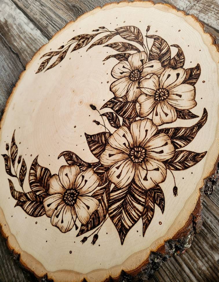 Wild Rose Moon - Pyrography Woodburn Wall Decor, Live Edge Wood Wall ...