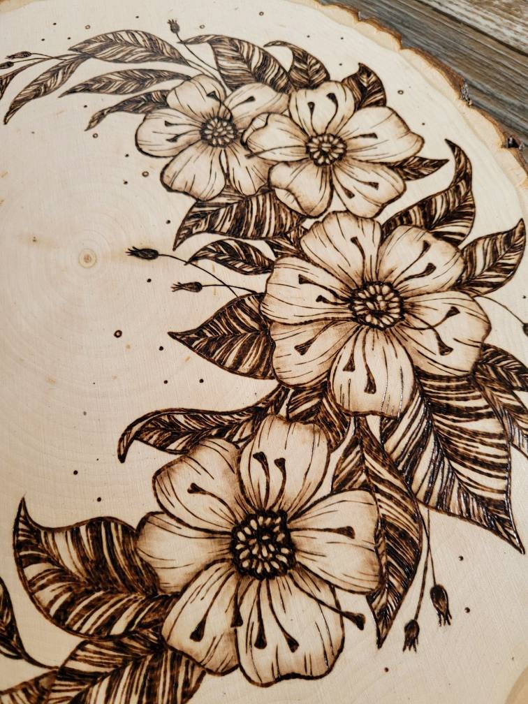 Wild Rose Moon - Pyrography Woodburn Wall Decor, Live Edge Wood Wall ...