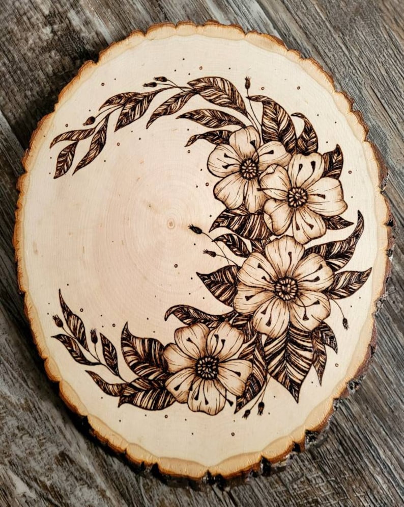Wild Rose Moon - Pyrography Woodburn Wall Decor, Live Edge Wood Wall ...