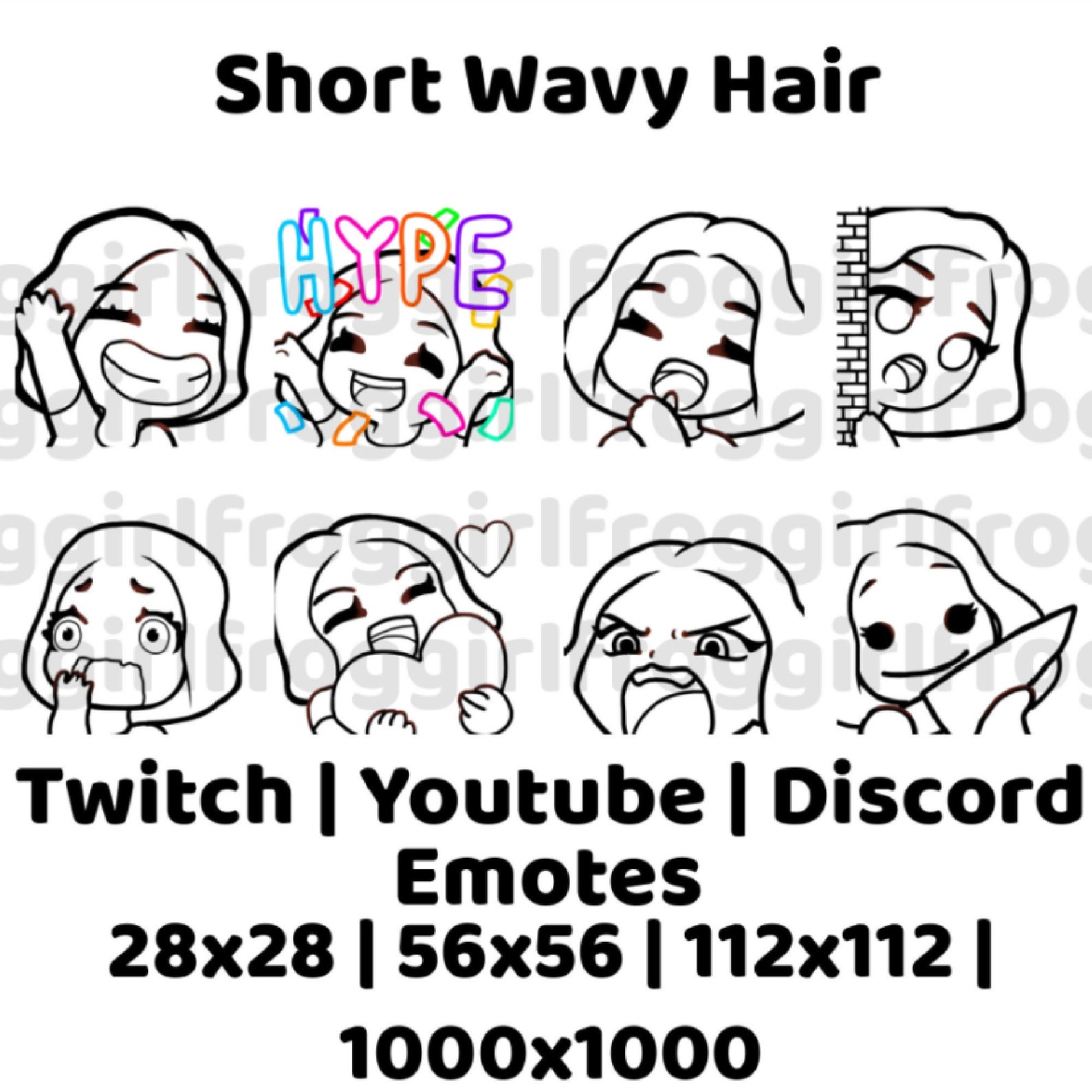 Custom Color Twitch Discord Youtube Emotes Short Wavy Hair Kawaii Girl