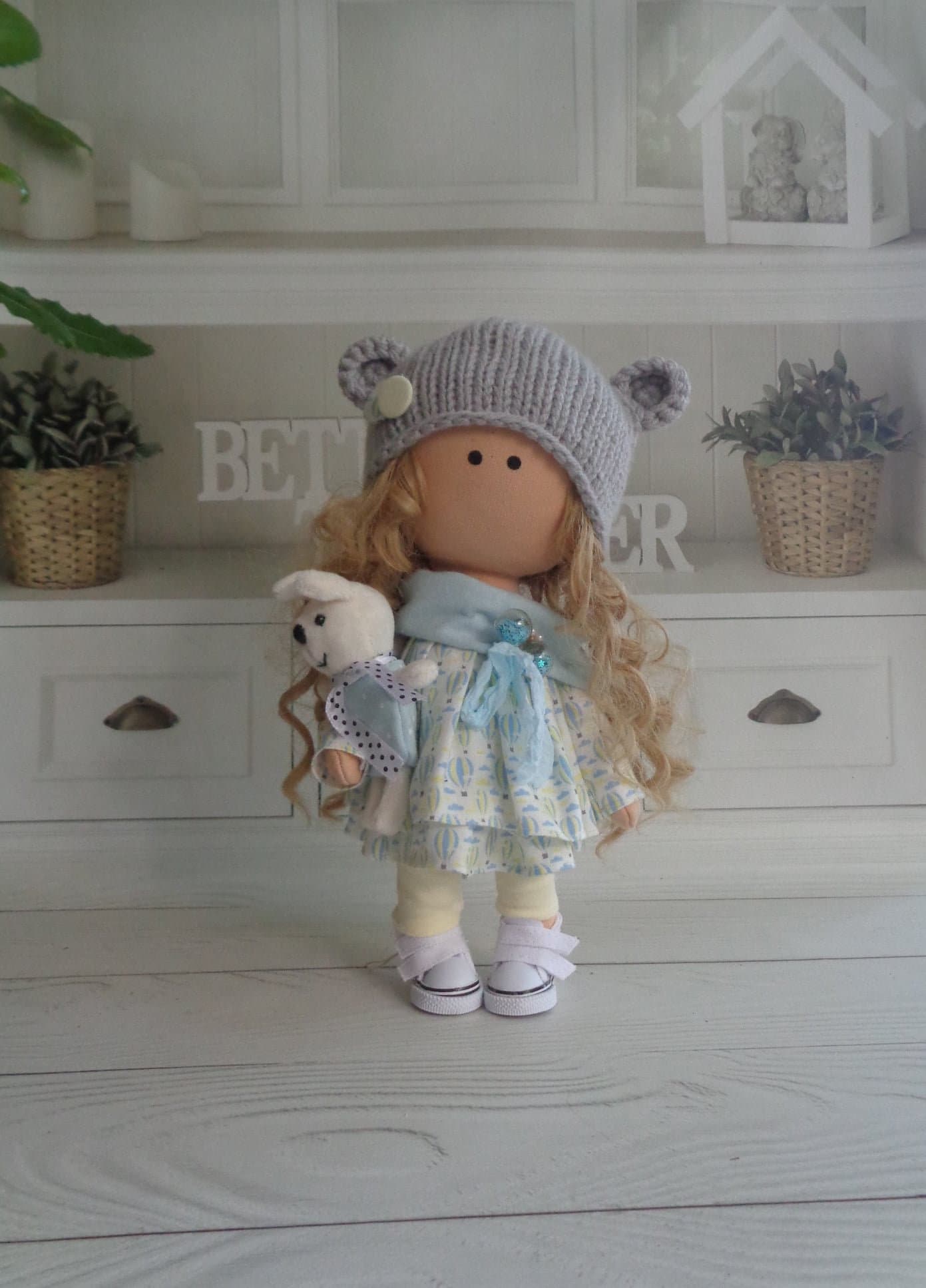 Doll With Rabbit Rag Doll Textile Tilda Doll Nursery Decor Art Doll ...