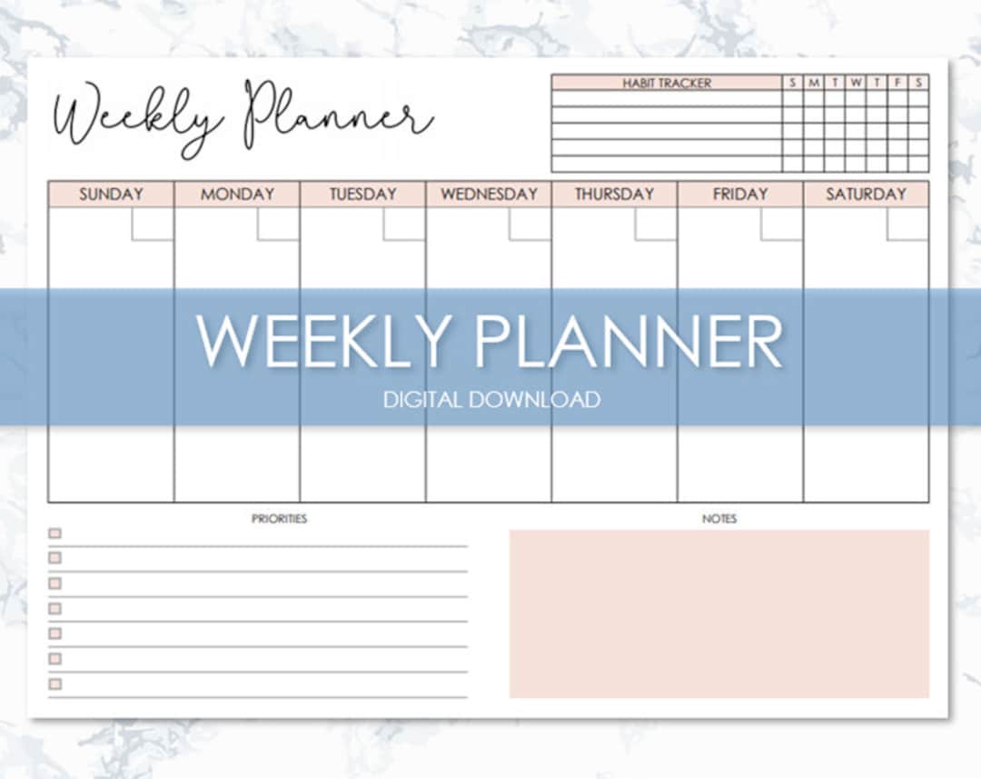 Weekly Planner, Calendar, Agenda, Checklist, Template - INSTANT PDF ...