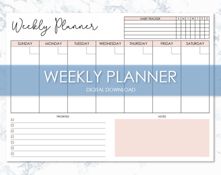 Weekly Planner, Calendar, Agenda, Checklist, Template - INSTANT PDF ...