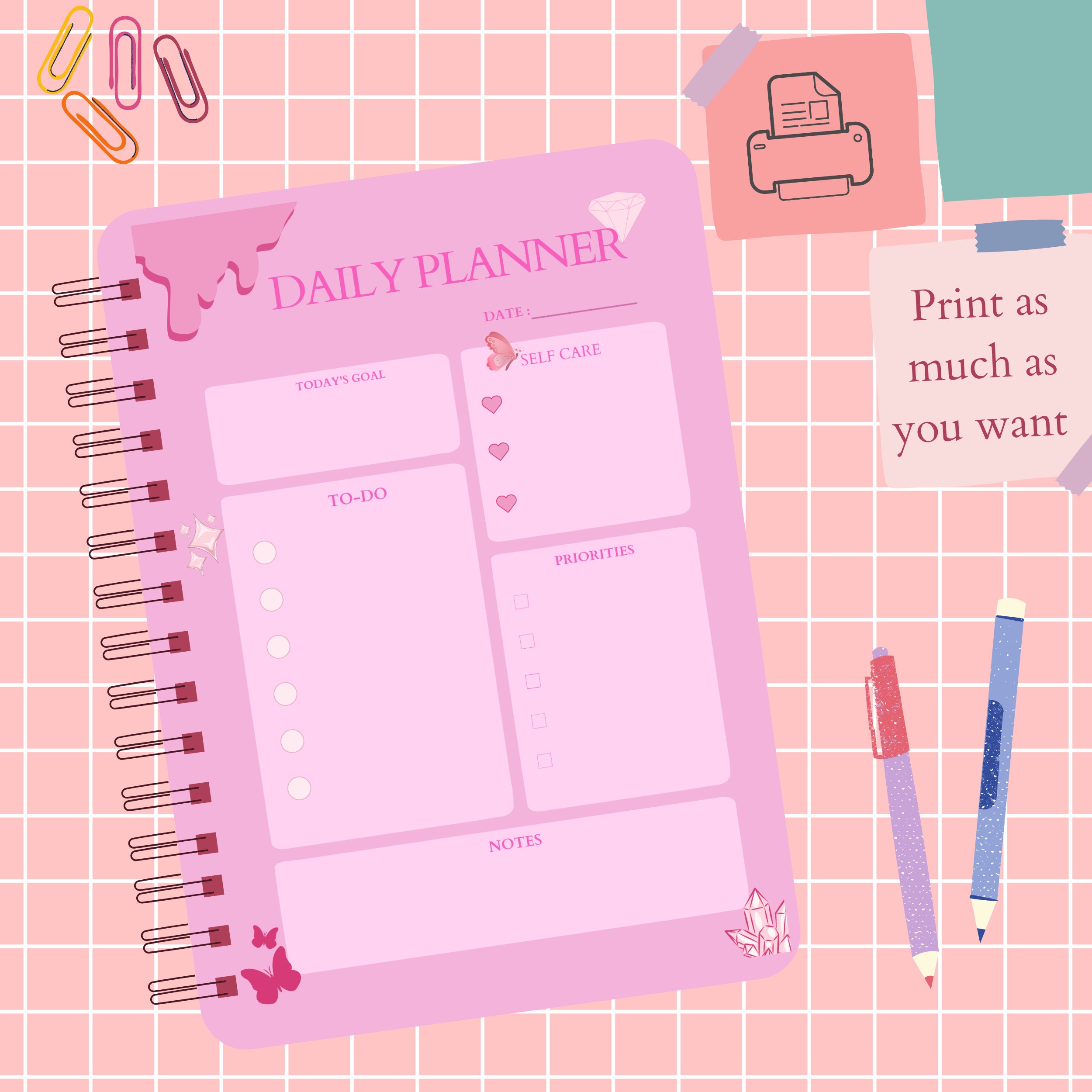 Pink Daily Planner Printable Daily Planner Desk Planner - Etsy Australia