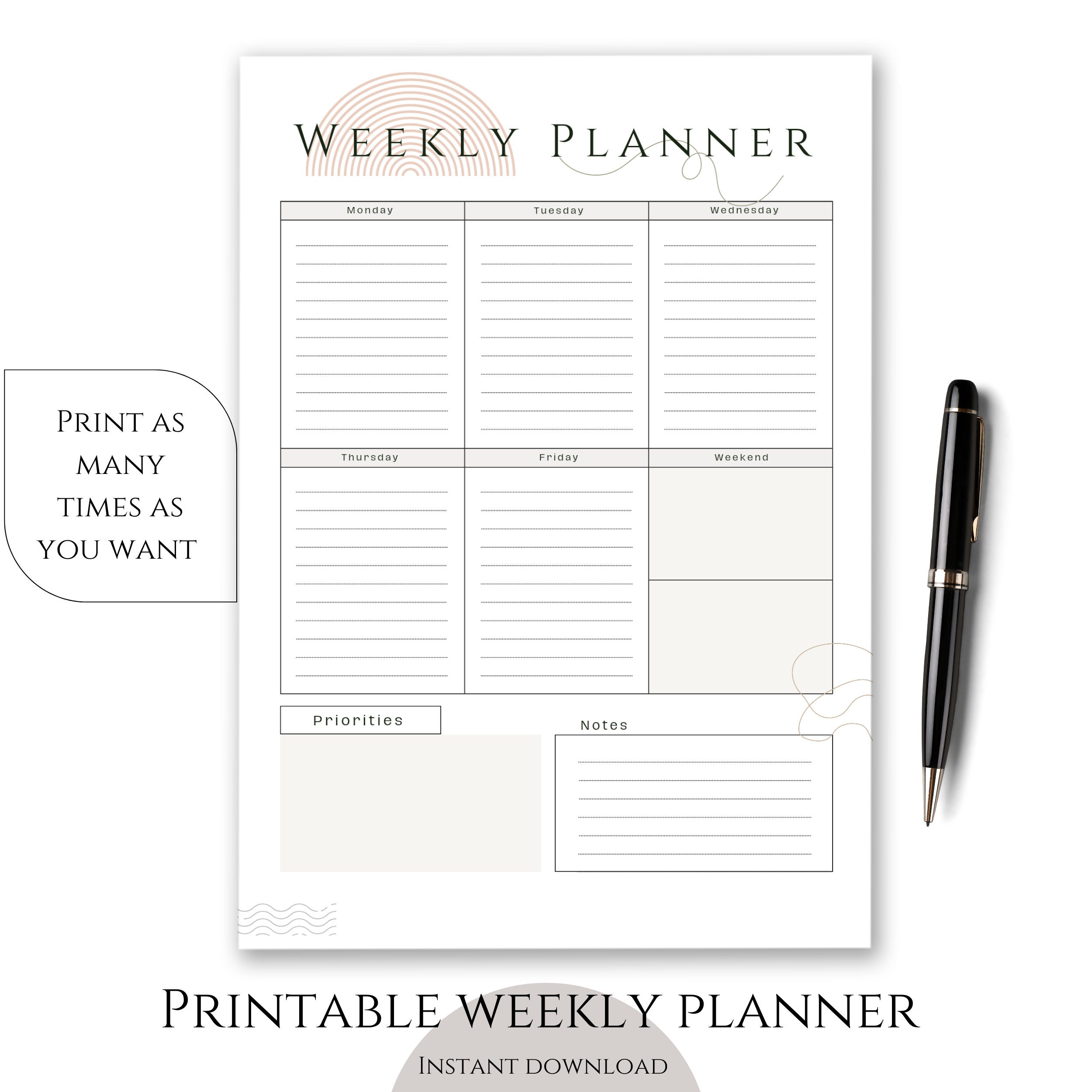 Weekly Planner Printable Landscape Minimalist Weekly - Etsy