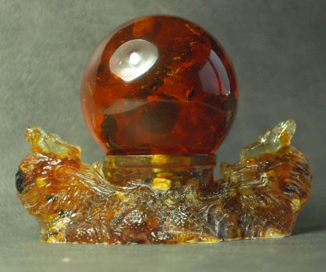 2 Dragons Heads Sphere Stand With Amber Ball, Baltic Amber - Etsy