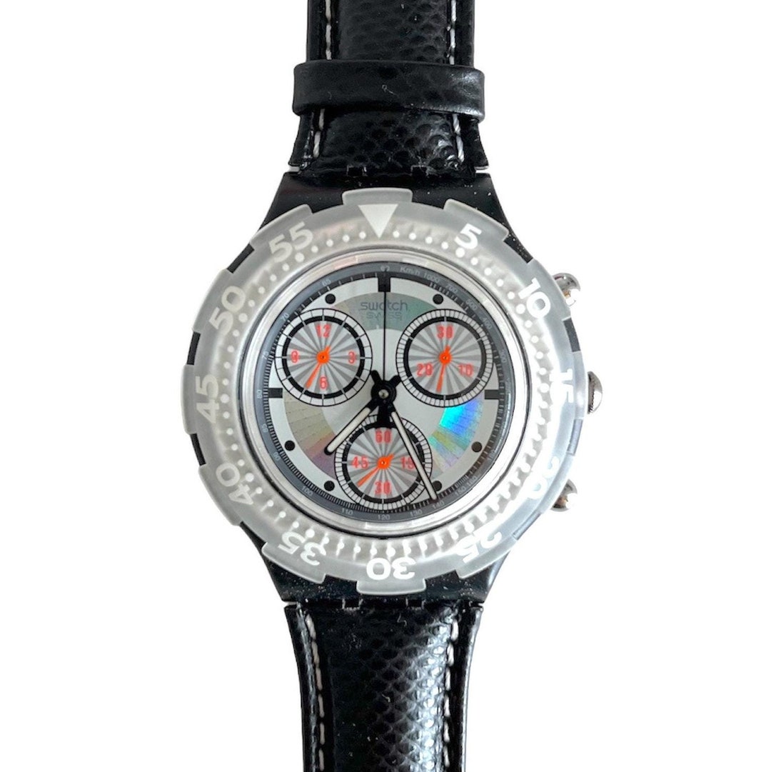 Vintage 1992 Swatch Aqua Chrono BLACK RUDDER SBB100 - Unworn - Leather ...