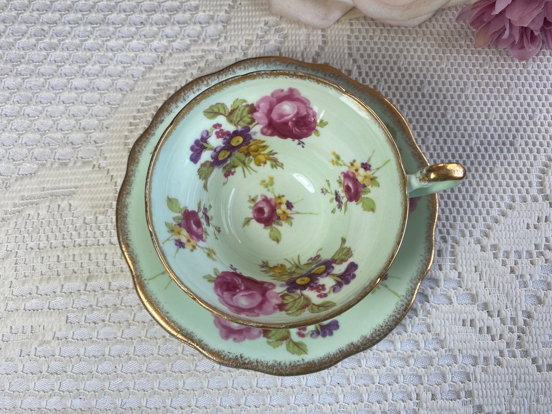 EB Foley MINT GREEN Pink Roses Teacup and Saucer, Vintage Floral 1940s ...