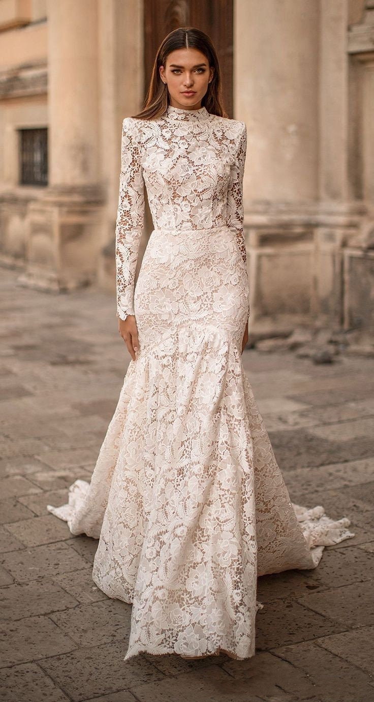 High Neck Lace Mermaid Wedding Dress