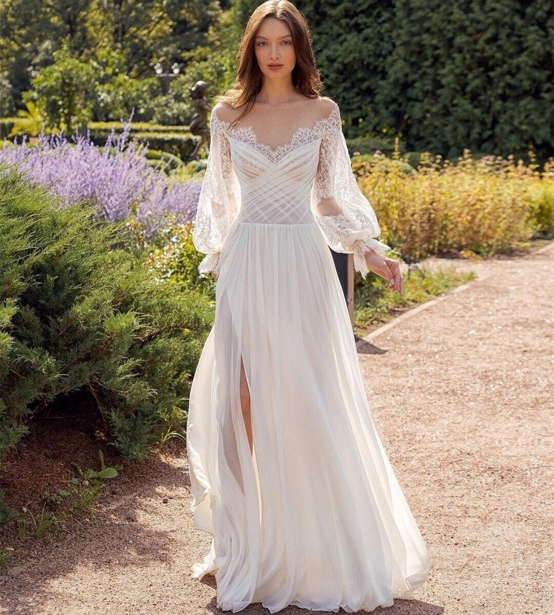 Rustic Boho Wedding Dress Romantic Country Wedding Dress Tulle Beach Wedding Dress Light Slit