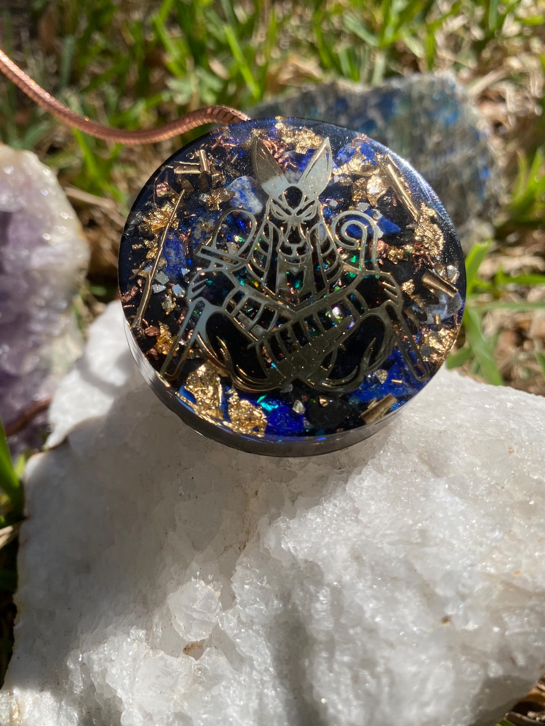 Anubis Arms Crossed Reiki Charged Orgone Pendant With Quartz Crystals ...