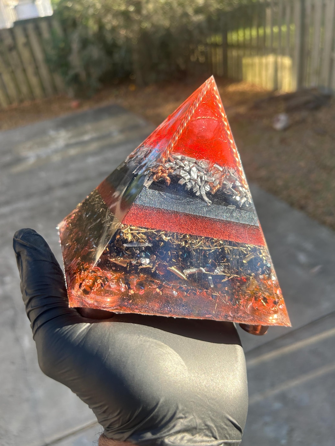 Translucent Red-dye Energy Pyramid Wave With Black Tourmaline Quartz Crystal Copper Shavings ...
