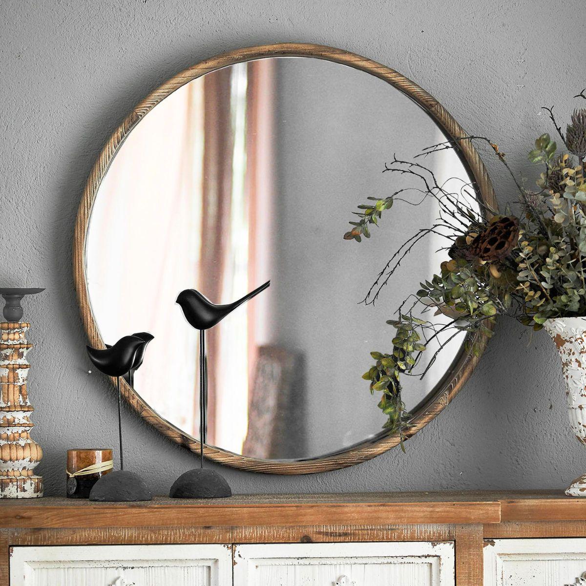 Timber Round Wooden Wall Mirror French Country Acacia Wood Look Home ...