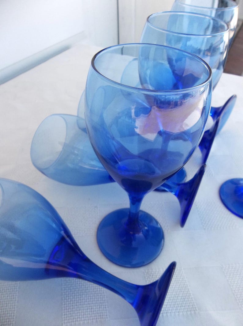 Vintage Blue Stemmed Wine Glasses, Stunning Bright Blue Stemware, Set ...