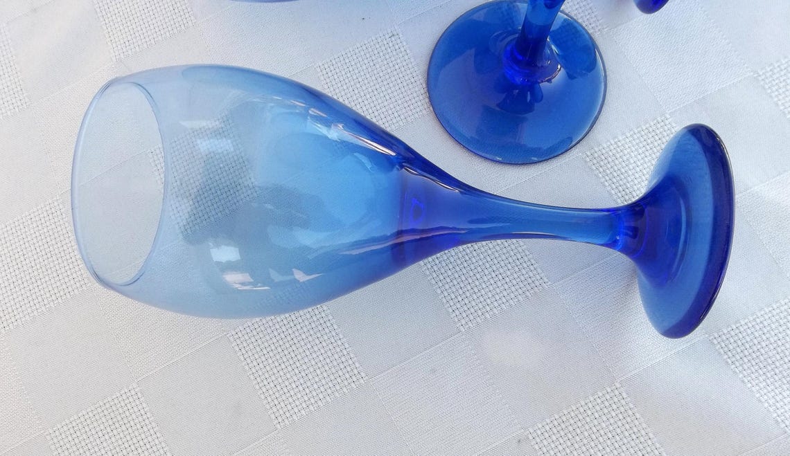 Vintage Blue Stemmed Wine Glasses, Stunning Bright Blue Stemware, Set ...