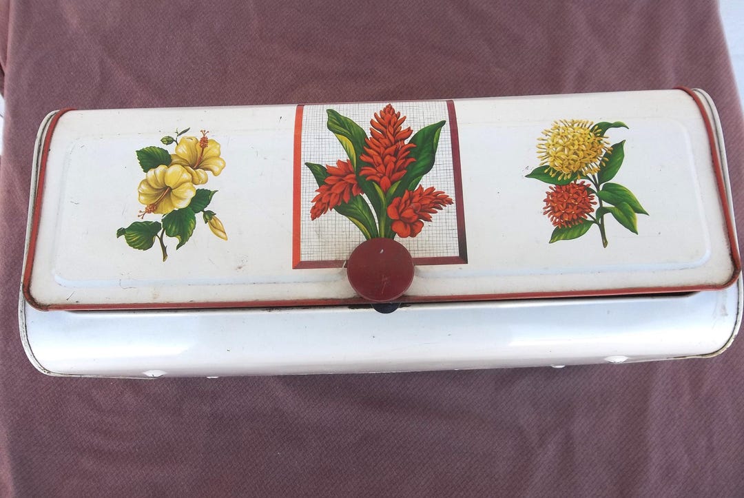 Vintage Enamel Breadbox, Vintage Decoware, Hinged Bread Box With Red ...