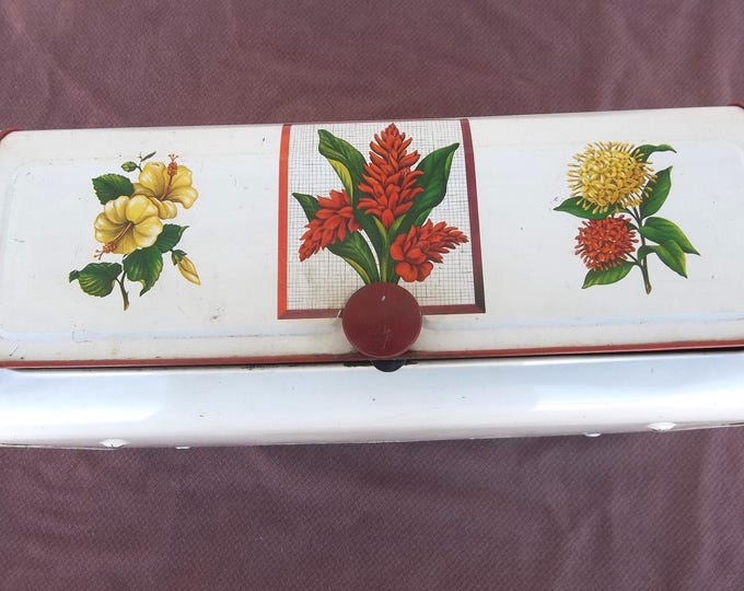 Vintage Enamel Breadbox, Vintage Decoware, Hinged Bread Box With Red ...