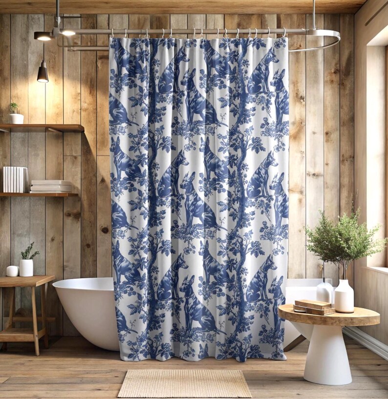 Doberman Pinscher Blue Toile Shower Curtain | Charming Doberman Shower ...