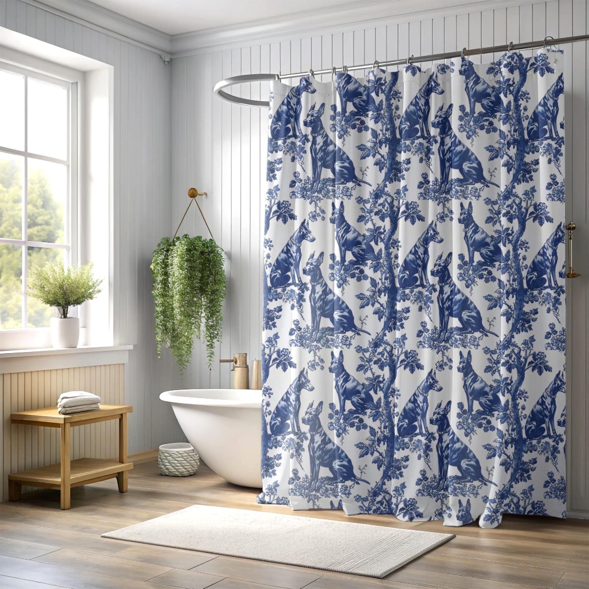Doberman Pinscher Blue Toile Shower Curtain | Charming Doberman Shower ...