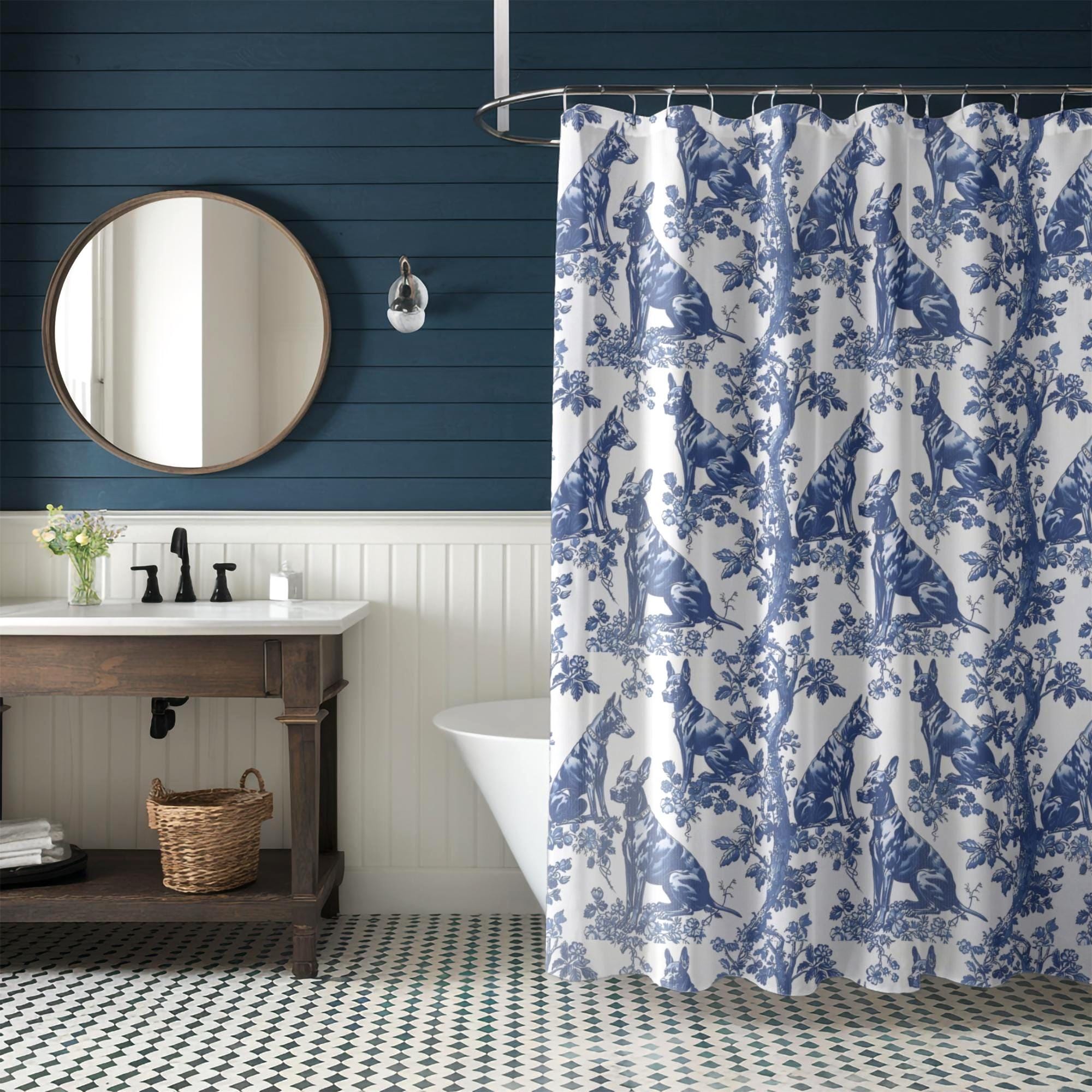 Doberman Pinscher Blue Toile Shower Curtain | Charming Doberman Shower ...