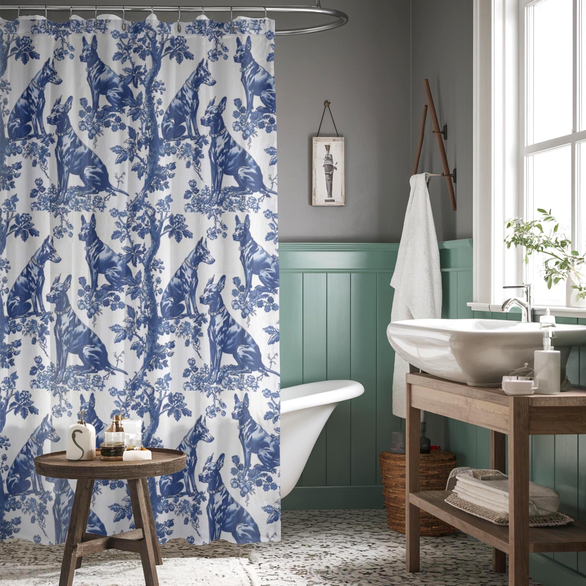 Doberman Pinscher Blue Toile Shower Curtain | Charming Doberman Shower ...