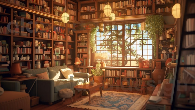 Cozy Library Office Digital Background for Vtuber & Twitch Overlay ...