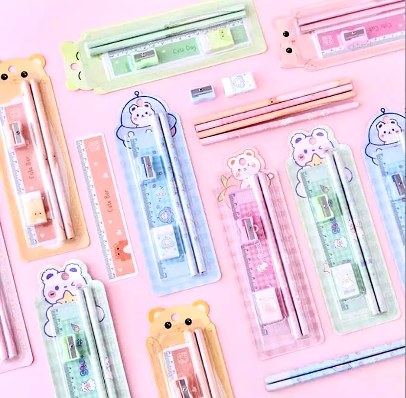 Kawaii Stationery Set - Kawaii Pencil, Eraser, Sharpener, Ruler - Back ...