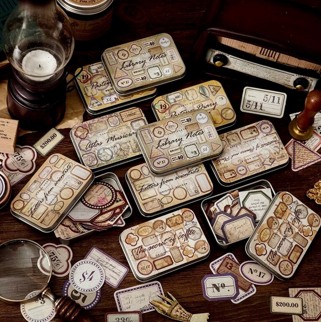 40 Stickers in Tin SIX DESIGNS Vintage Look Stickers Junk Journal ...