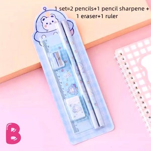 Kawaii Stationery Set - Kawaii Pencil, Eraser, Sharpener, Ruler - Back to School - Desk Supplies ...