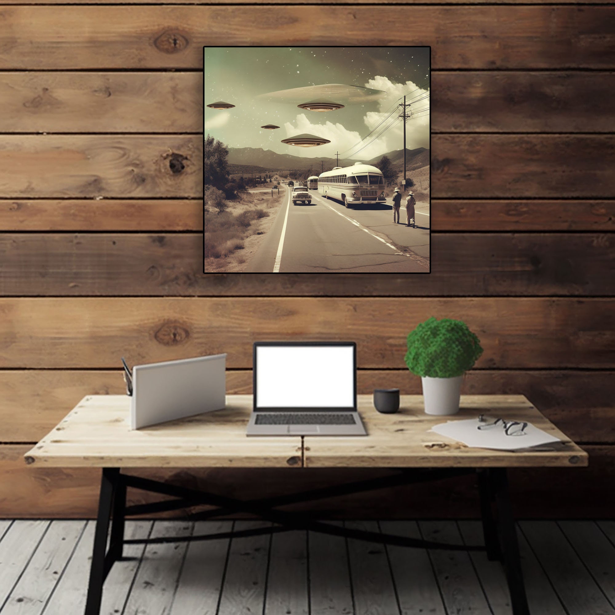 Art Digital Vintage Alien Arrival Photo Retro UFO Cosmic Poster Scifi ...