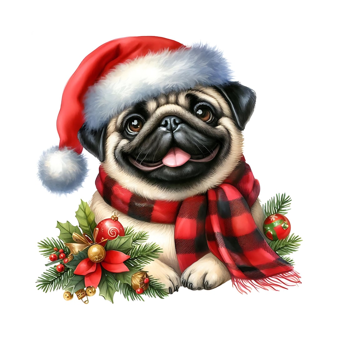 Watercolor Christmas Pug PNG Clipart, Xmas Dog Illustration Download ...