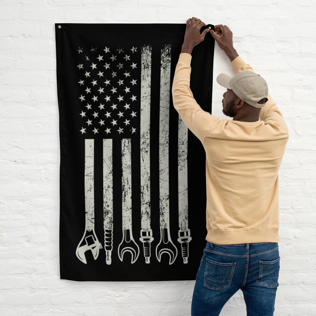 Large Black and White Car Mechanic Tools Tapestry, American Flag Fabric ...