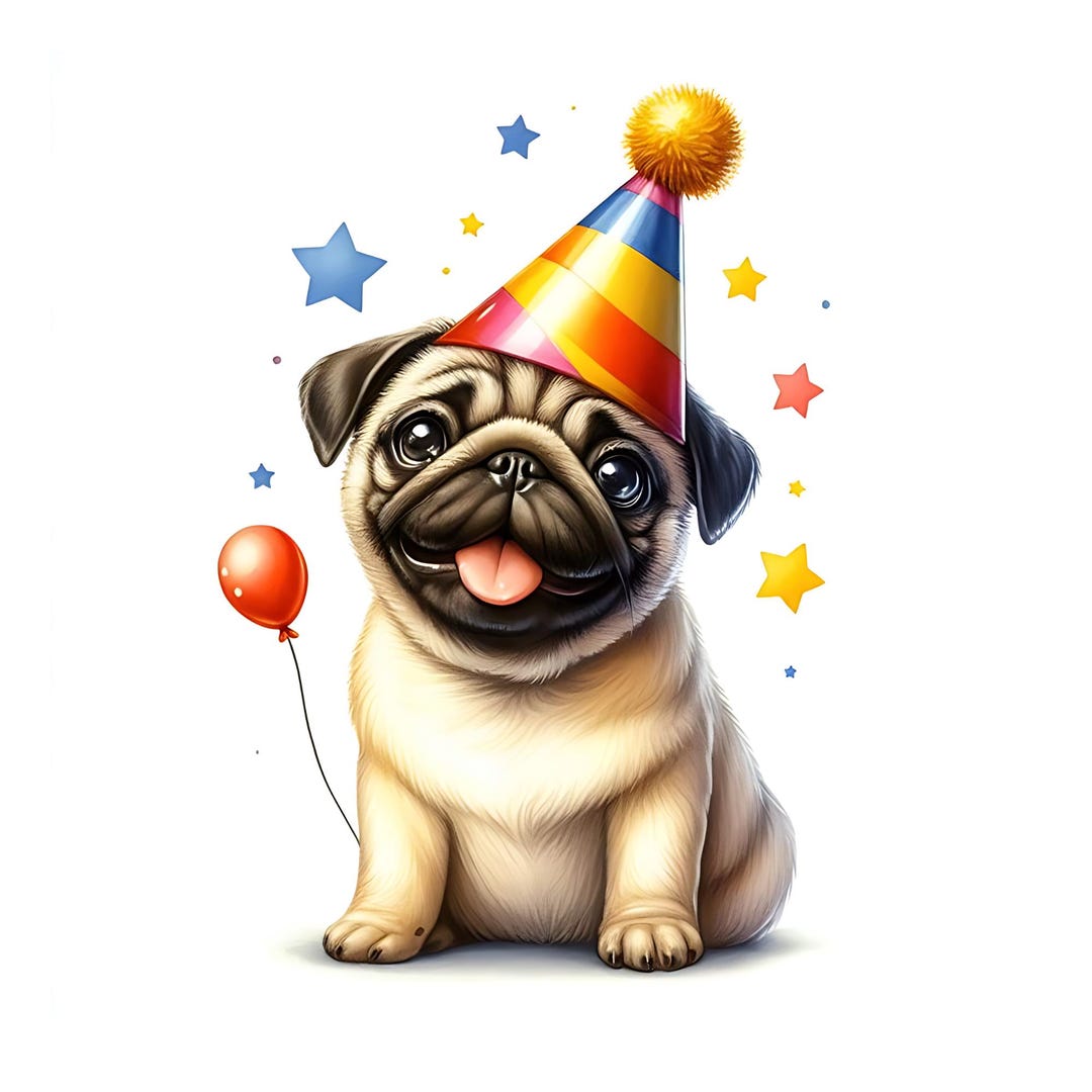 Party Pug With Hat PNG Clipart, Puppy Birthday PNG Download, Dog ...