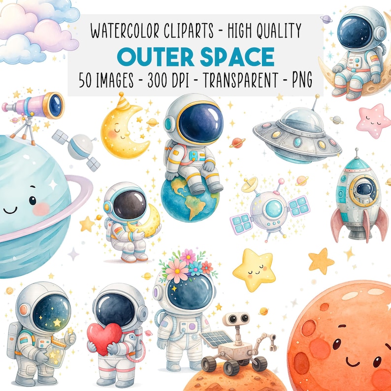 50 Astronaut Space Clipart Bundle, Cute Astronaut Planets PNG, Galaxy ...