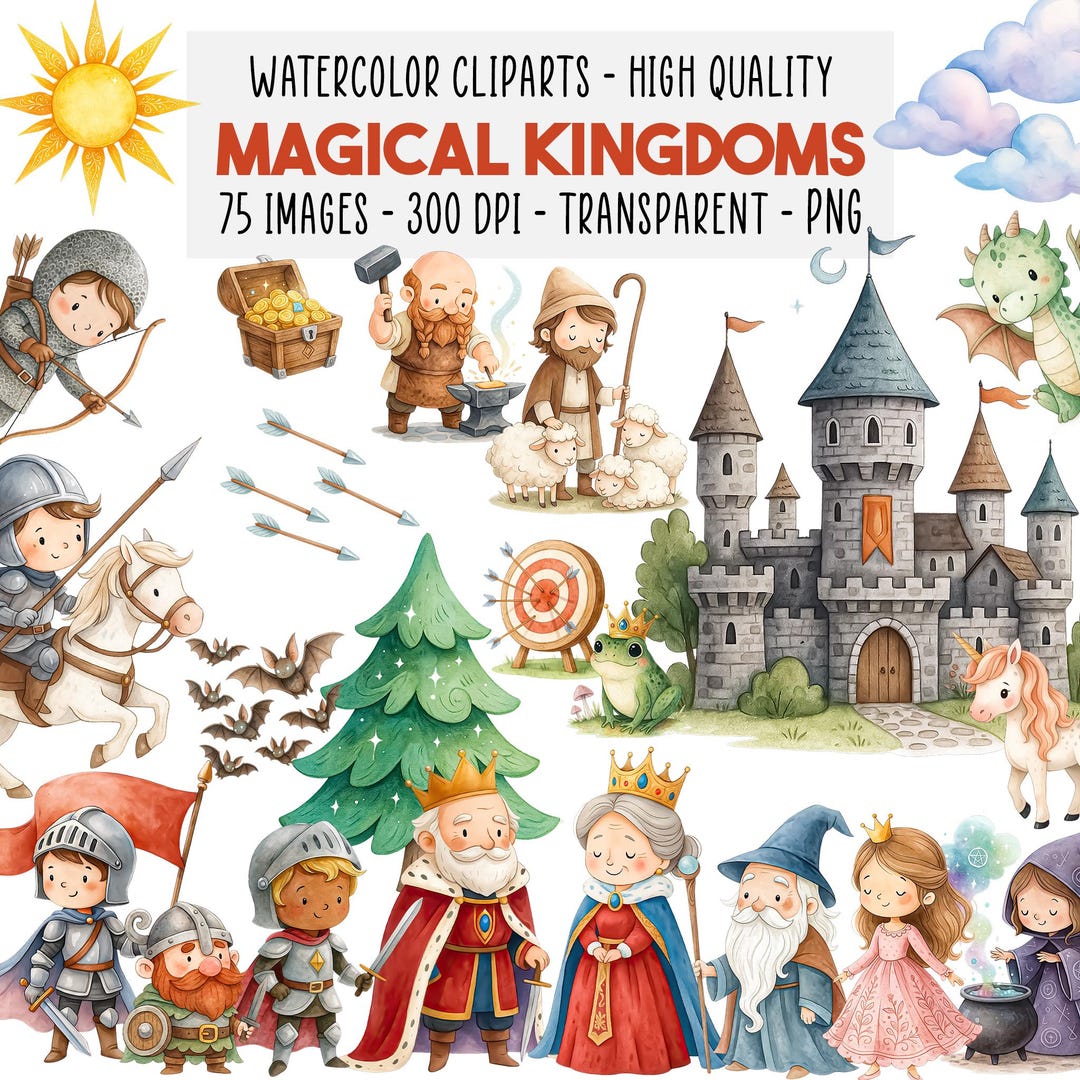 75 Magical Kingdoms - Watercolor Clipart, Medieval, Knight, Princess ...