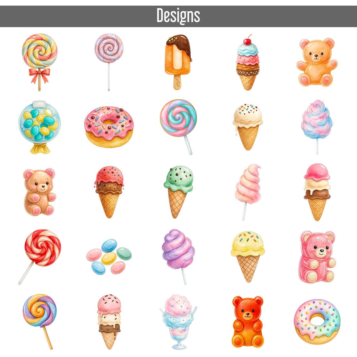 50 Candyland Clipart Bundle, Lollipops, Cotton Candy, Cupcakes, Ice ...