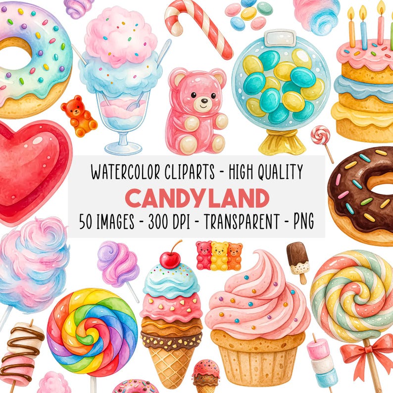 50 Candyland Clipart Bundle, Lollipops, Cotton Candy, Cupcakes, Ice ...