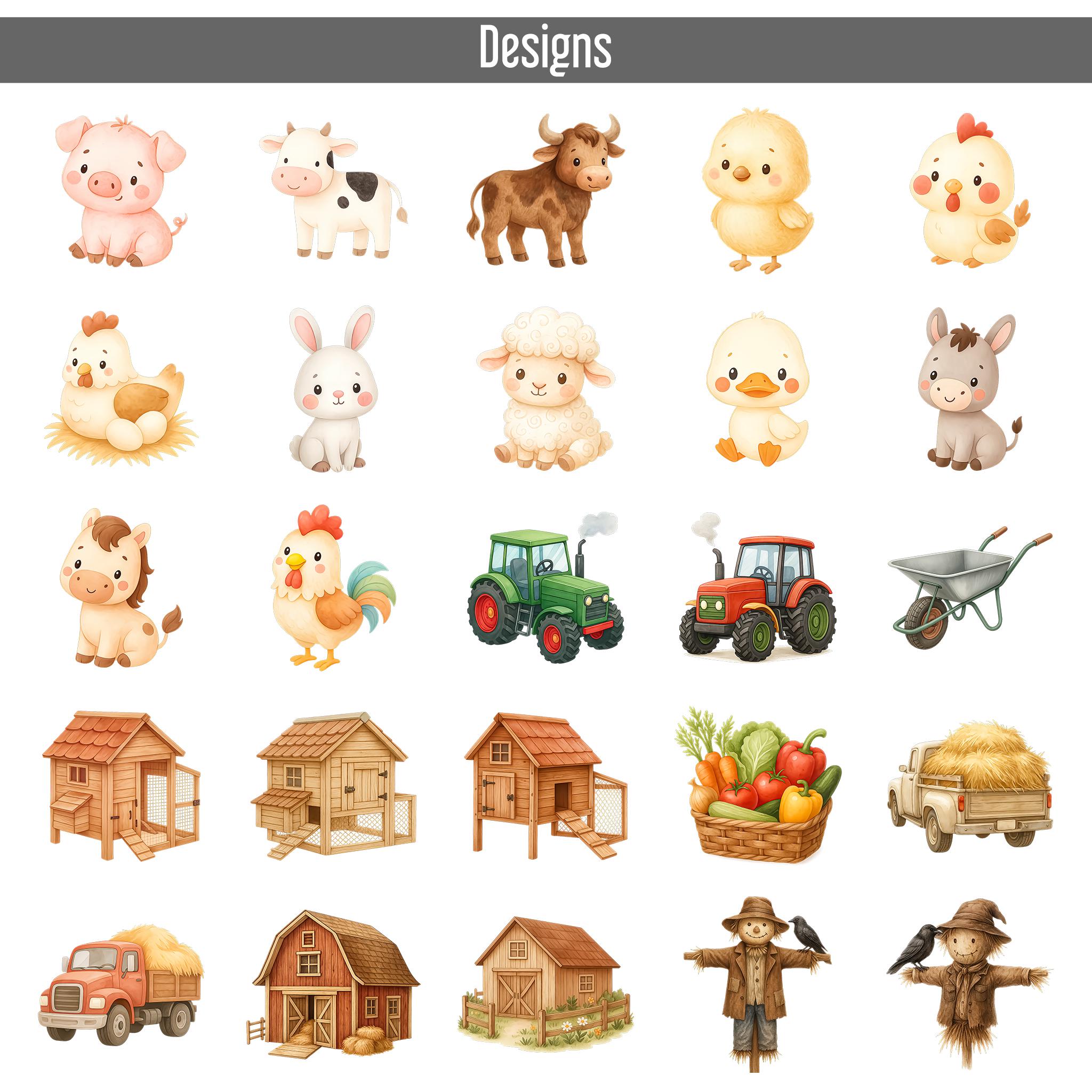 50 Farm Life Watercolor Clipart Pastel Bundle PNG Cute Farm Animals ...